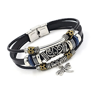 SMALLLOVE Bohemian Leather Bracelets for Men and Women Vintage Punk Alloy Butterfly Key Adjustable Beaded Wrap Multilayer Braided Cuff Bangles Wristband Wrist Decor Bracelet (Black Dragonfly)