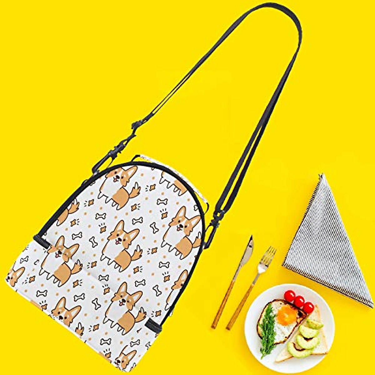 Naanle Cute Corgi Dog Animal Double Decker Insulated Lunch Box Bag Waterproof Leakproof Cooler Thermal Tote Bag Large for Men Women