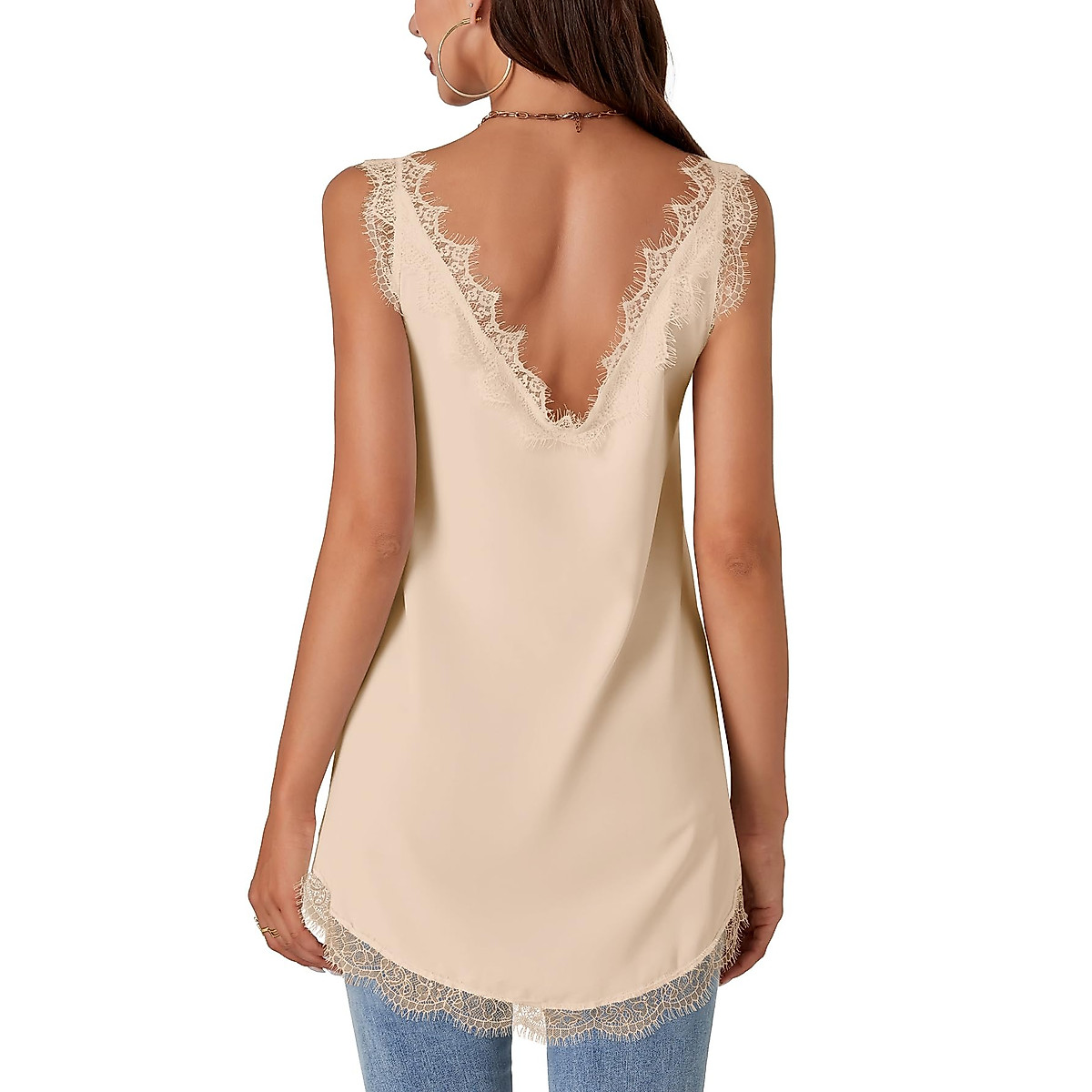 LYANER Women's Summer Sexy V Neck Lace Trim Basic Sleeveless Tank Top Blouse Shirt Beige Medium