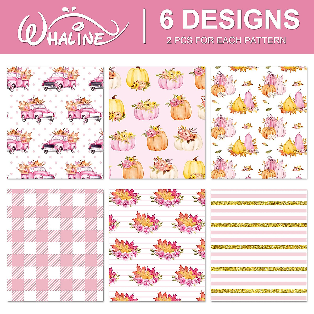 Whaline 12 Sheet Fall Wrapping Paper -Not Roll- Pink Truck Pumpkin Plaid Maple Leaf Gift Wrap Paper Bulk Autumn Harvest Art Paper for DIY Crafts, 19.7 x 27.6 Inch, Folded Flat