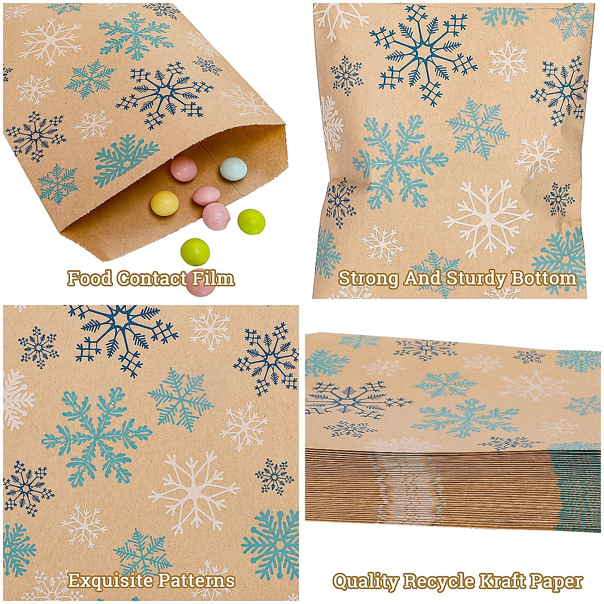 Whaline 100 Pack Winter Christmas Treat Bags Blue White Snowflakes Prints Goodies Snack Gift Bags Christmas Kraft Candy Buffet Paper Bags for Xmas Winter Holiday Party Favor Supplies, 5 x 7Inch