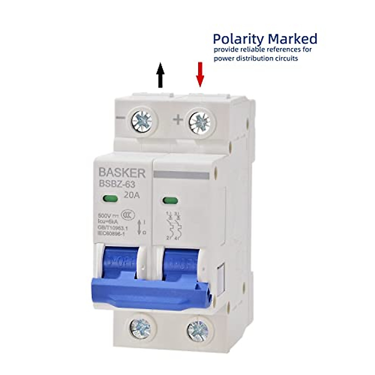 BASKER DC Circuit Breaker, 20Amp 2 Poles 500V Solar Disconnect Switch for Solar PV System Solar Panels Grid System, DIN Rail Mount, DC Breaker MCB (20A)