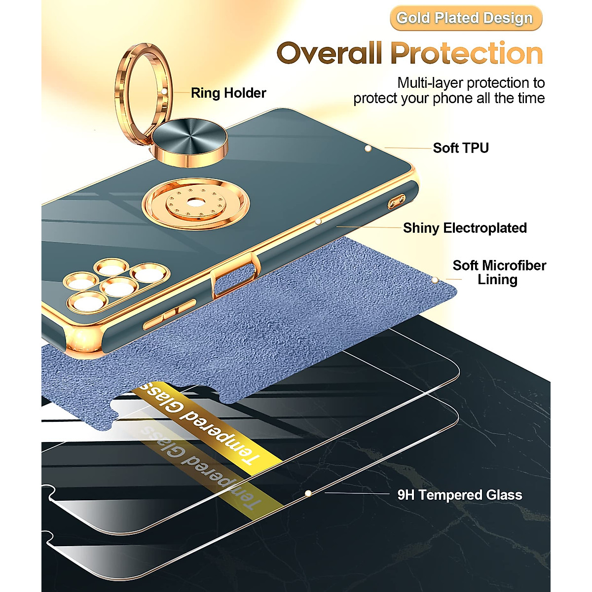 LeYi for Samsung Galaxy A32 5G Case with Tempered Glass Screen Protector [2 Pack] 360° Rotatable Ring Holder Magnetic Kickstand, Plating Rose Gold Edge Protective Case, Grey