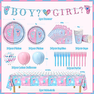 Gender Reveal Decorations, 146Pcs Gender Reveal Plates-Serve 24, Boy or Girl Party Tableware Set with Disposable Paper Plates Napkins Cups Tablecloth for Gender Reveal Party Supplies