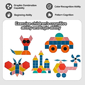 RAEQKS 180Pcs Wooden Pattern Blocks Set Brain Teaser Puzzle Tangrams Educational Montessori Toys Stem Kindergarten Preschool Learning Game with 24Pcs Flash Cards Gifts for Toddlers Kids Boys Girls