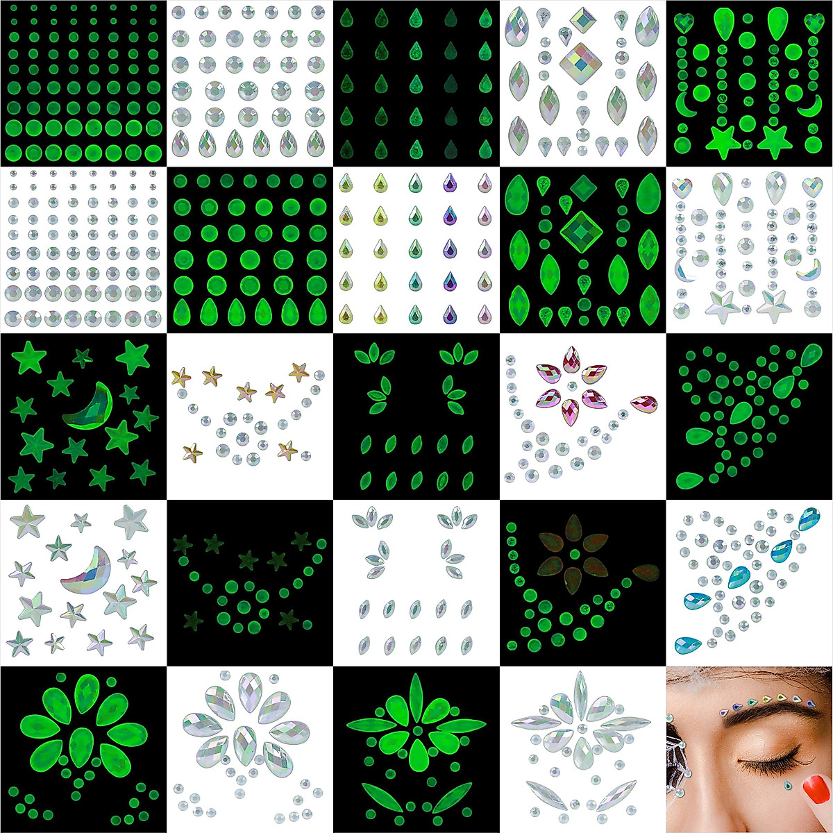 12Sets Noctilucent Face Jewels-Luminous Face Gems- Halloween Fluorescent Rhinestone Stickers Eye Body Euphoria Makeup Jewelry Glow in the Dark for Carnival Rave Festival Accessory Nail Art Decorations