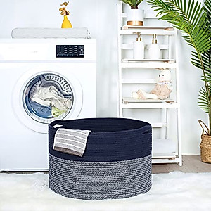 MINTWOOD Design Extra Large 22 x 14 Inches Blanket Storage Basket, Laundry Basket, Decorative Woven Cotton Rope Baskets for Blanket Storage Living Room, Toy Storage Basket Bin, Navy Blue