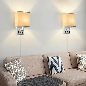 Bedside Wall Lamps Set of 2 Plug in Wall Sconces Wall Lighting with Dual USB Charging Ports and AC Outlet Modern Wall Lamp with Plug in Cord Wall Lights for Bedroom Living Room (2 Bulbs Included)