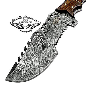 Best.Buy.Damascus1 Rose Wood 9.5'' Fixed Blade Custom Handmade Damascus Steel Tracker Hunting Knife Brass Pins Spacers Unique Beautiful File Work On Handel Come With Leather Sheath Prime Quality