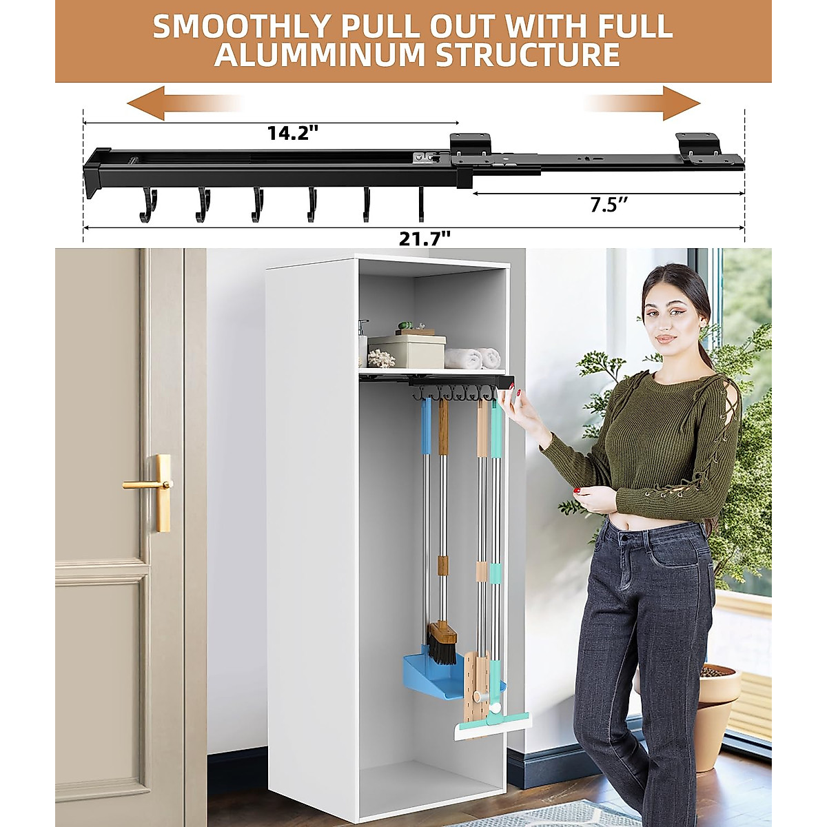 PrimZooty Pull Out Broom Holder With Adjustable Double Row Sliding Hook, Multifunctional Slide Broom And Mop Storage/Organizer Garage Organization Hooks, for Closet Laundry Garage Cupboard Kitchen