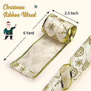 FairyLee 6 Rolls Christmas Wired Ribbon, Assorted Glitter Satin Ribbon White Gold Ribbon for Christmas Tree Bow Gift Wrapping Wreath Bouquet DIY Crafts, 2.5 Inch 6 Yards Each Roll