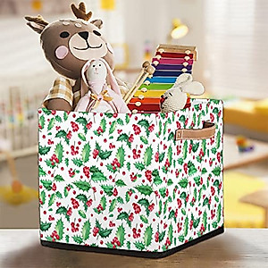 Large Collapsible Storage Bins,Christmas Berry Leaf Decorative Canvas Fabric Storage Boxes Organizer with Handles,Cube Square Baskets Bin for Home Shelves Closet Nursery Gifts