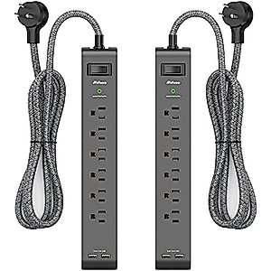 2 Pack Surge Protector Power Strip with 6 Outlets 2 USB Ports 5-Foot Long Heavy-Duty Braided Extension Cords Flat Plug 900 Joules 15A Circuit Breaker Wall Mount for Home Office ETL Listed