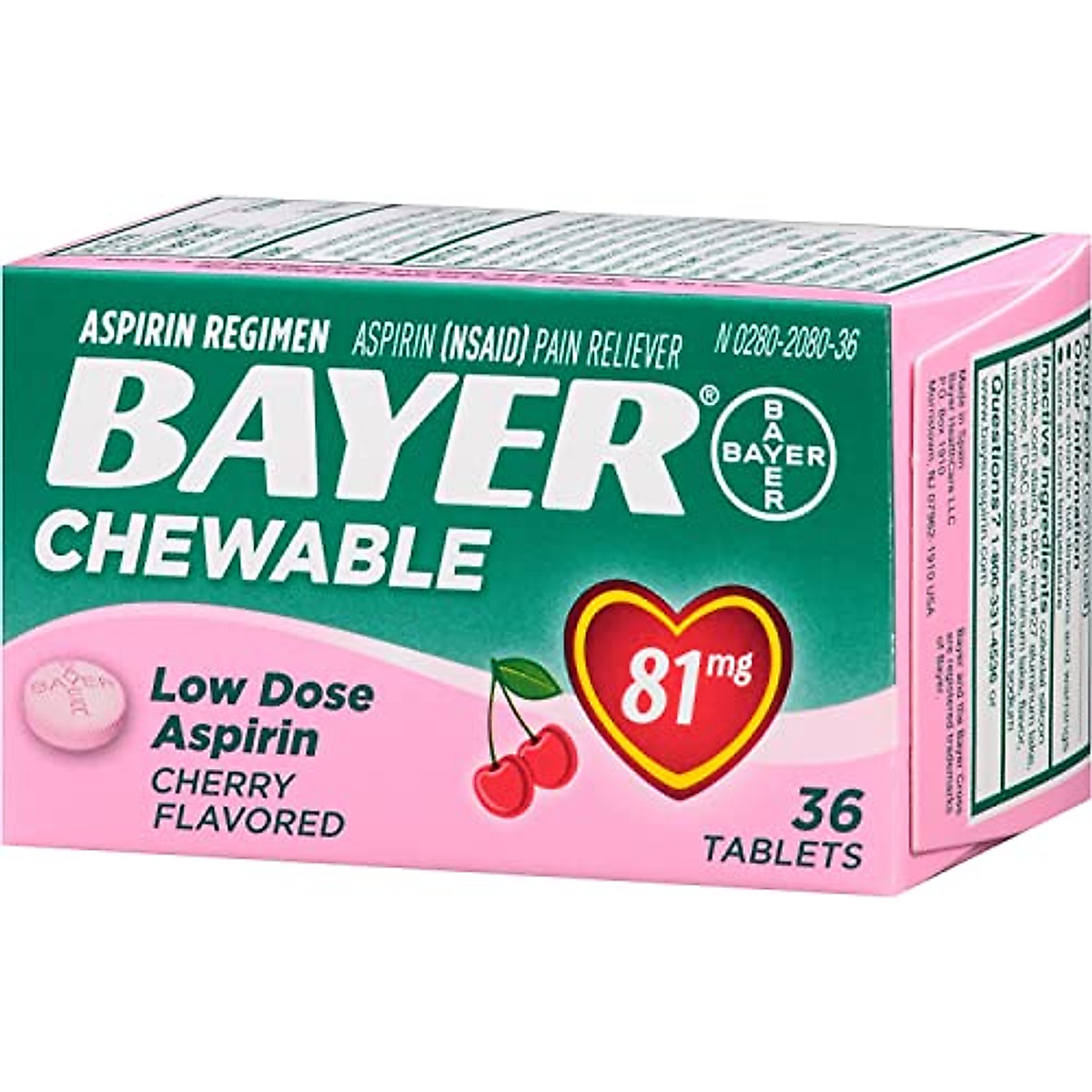 Bayer Chewable Low Dose Baby Aspirin Cherry Flavor 36 Tablets - 2 Pack