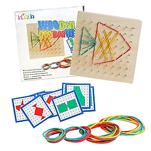 Kizh Wooden Geoboard Math Manipulative Material Graphical Geo Board Montessori Educational Toys Array Block Pattern Cards and Rubber Bands STEM Puzzle Matrix 8x8 Brain Teaser Toys