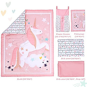 JISEN 5 Piece Crib Bedding Set for Girls Unicorns Baby Girl Bedding Crib Set Nursery Bedding Sets - Crib Quilt Crib Sheet Pillowcase Crib Skirt Diaper Stacker