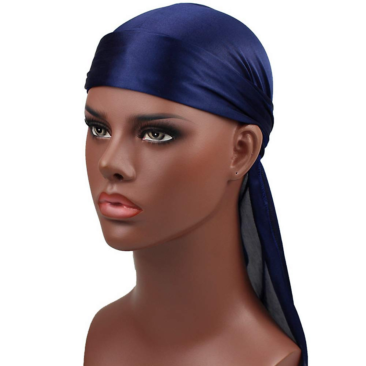 Men Silk Durag Long Straps Bandanas for Men Headwear Waves Cap (Navy)