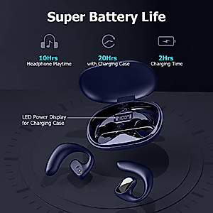 Open Ear Headphones,True Wireless Bluetooth Earbuds with Earhooks,30Hrs Playtime with Charging Case and LED Power Display,Sport Workout Earbuds Built in Mic Waterproof Bass Sound Headset Blue