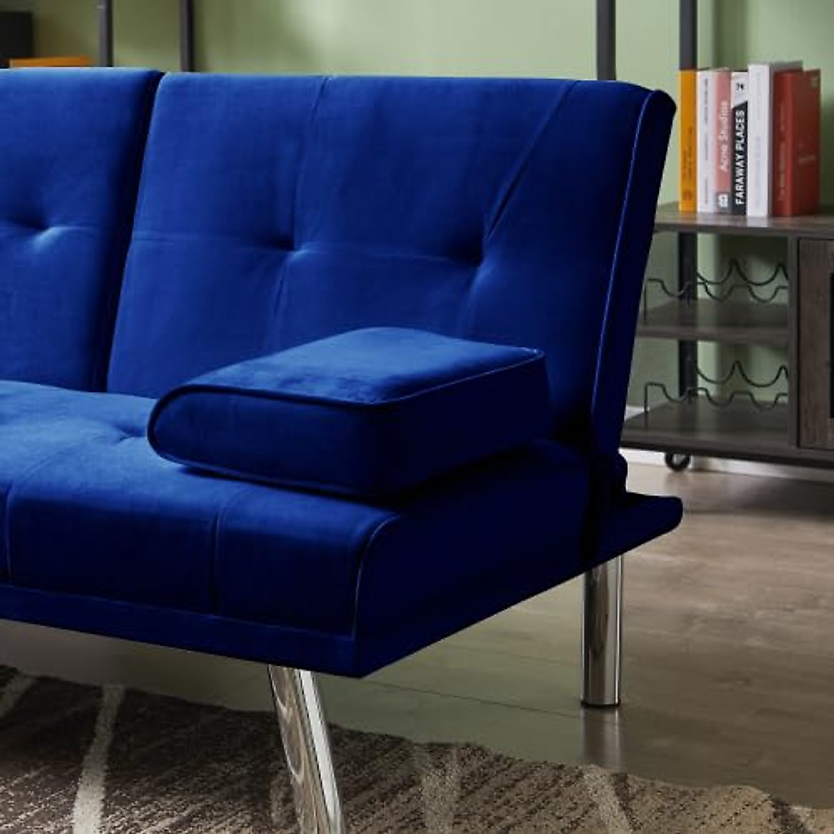Modern Futon Sofa Bed, Convertible Folding Sleeper Couch for Compact Living Space, Velvet Upholstered Loveseat Couch Bed for Office Apartment, Dorm,2 Cupholders and Armrest, Metal Legs (Blue Velvet)