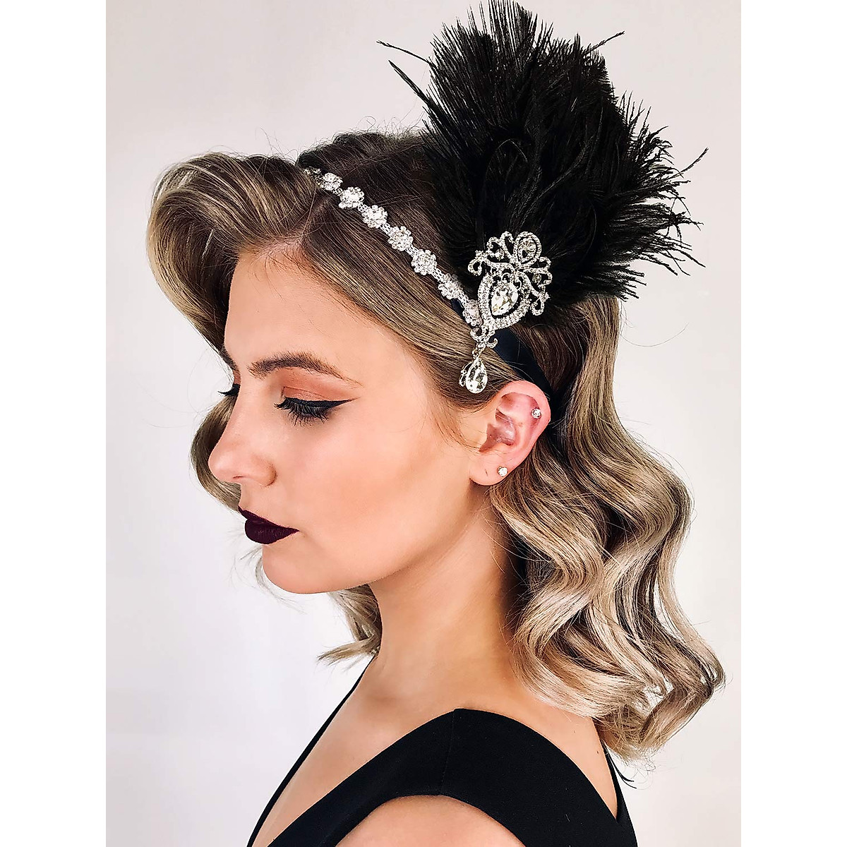 SWEETV 1920s Feather Headpiece Black, Womens Ostrich Feather Crystal Headband, Great Gatsby Hair Accessories for Women, Ribbon Tie