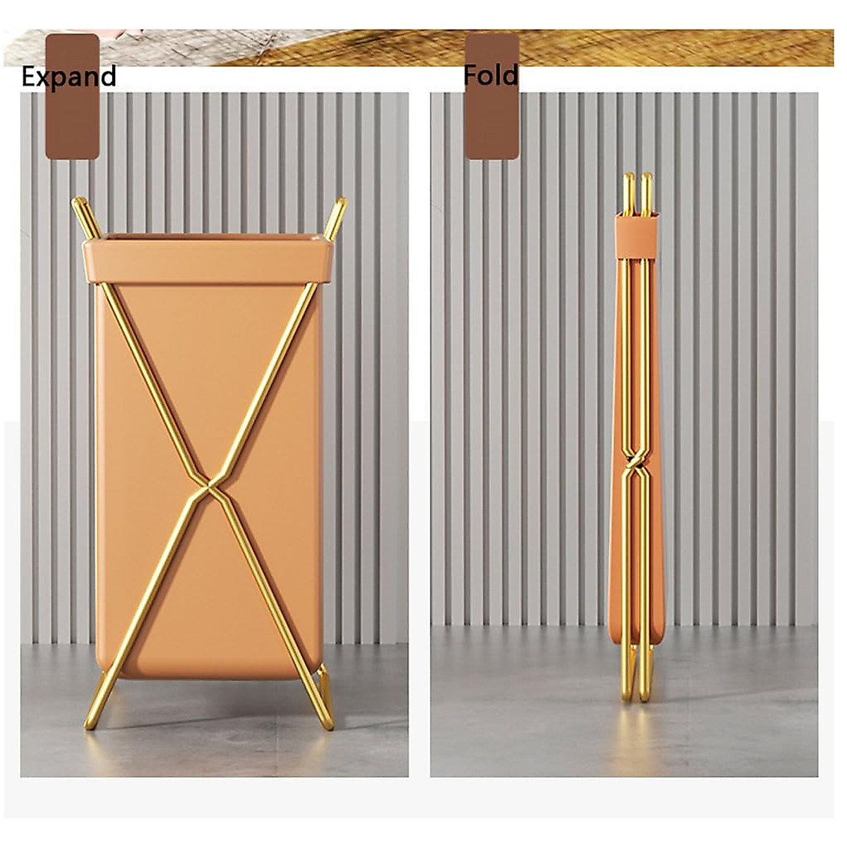 SYALEO X-Frame Collapsible Laundry Basket w/Leather Bag Sorter Organizer Black/Gold Metal Frame Laundry Hamper Luxury Folding Dirty Clothes Basket for Dorm Apartment