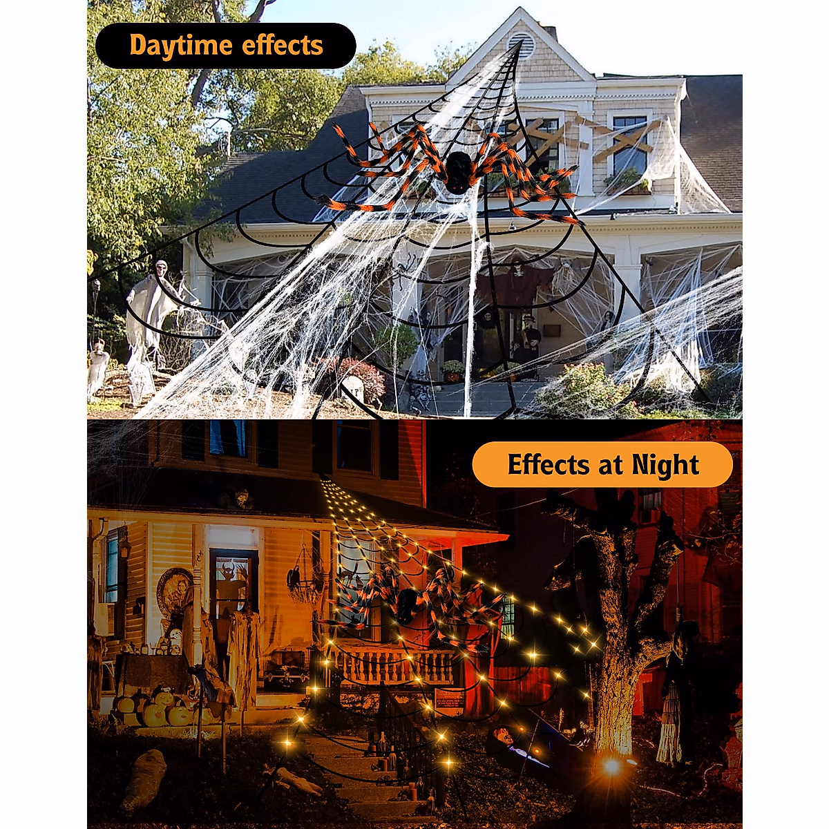 Kefron Hallow Decorations 150LED Light Up 23Ft Triangular Spider Web with 60'' Black Orange Giant Spider for Outdoor Home Yard Halloween Party Deco, Included 20 Mini Spiders 40g Stretchable Spiderweb
