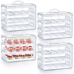Bokon 4 Pcs 3 Tier Cupcake Carrier Stackable Cupcake Holder with Lid and Handle Plastic Cupcake Transport Container Cupcake Storage for Holding 36 Cupcakes or 3 Large Cakes, Clear