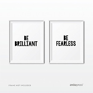 Andaz Press Unframed Nursery Kids Room Wall Art, Modern Black and White, Be Brilliant, Be Fearless, 8.5x11-inch Print Poster Signs Gift, 2-Pack, Christmas, 1st Birthday Gifts