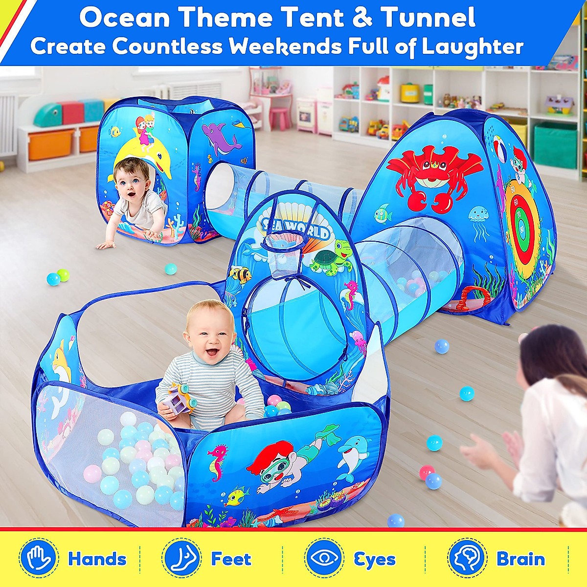 5pc Baby Ball Pits for Toddlers, Kids Play Tent and Play Tunnel, Children Indoor Outdoor Playhouse with Crawling Toys, Boys and Girls Best Birthday Gifts (Balls Not Included)