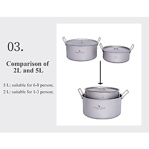 Boundless Voyage 5L Titanium Stock Pot with Lid Folding Handle Soup Pot for Outdoor Camping Hiking Picnic Home Kitchen Ultralight Cookware Ti2104C