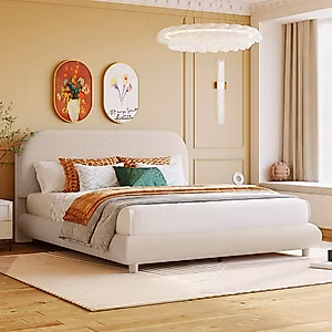 SIYSNKSI Queen Size Platform Bed with Thick Fabric, Teddy Fleece Upholstered Platform Bed with Curve-Shaped Design Headboard, Solid Wood Bed Frame for Boys Girls Kids Teens Adul (Beige + Fleece-21K)