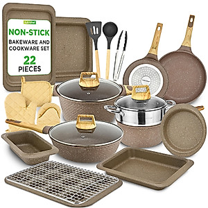 Nutrichef 22-Piece Maroon Marble Non-Stick Cookware and Bakeware Set - Professional Home Kitchen Collection with Multi-Sized Pots, Pans, and Heat-Resistant Tools