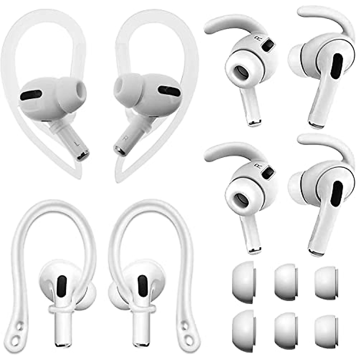 ALXCD Eartips & Ear Hooks Kit Replacement for Air Pods Pro, 2 Pairs Over-Ear Soft Ear Hook & 2 Pairs Anti Slip Silicone Eartips & 3 Pairs S/M/L in-Ear Eartips, Fit Air Pods Pro 1+1+2S+3 White