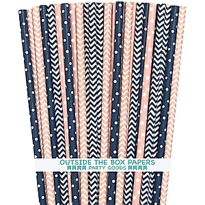 Outside the Box Papers Pink and Navy Blue Chevron and Dot Paper Straws 7.75 Inches 100 Pack Pink, Navy Blue, White