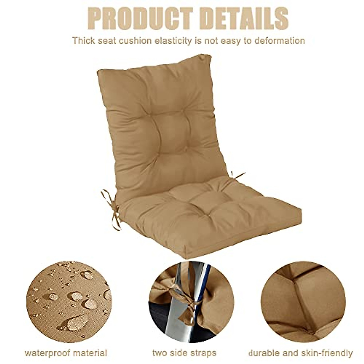 SEAHOME Waterproof Outdoor Seat Back Chair Cushion, Spring/Summer Seasonal All Weather Replacement Cushions, Tufted Pillow Rocking Chair Cushion Indoor,High Back Cushion with Ties (Khaki)