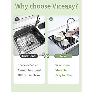 VICEAXY Roll-Up Dish Drying Rack 17” x 13”, Stainless Steel with Silicone Wrapped Drainer Rack, Foldable Sink Rack Mat for Kitchen Dishes, Cups, Fruits, Vegetables (M, Black)