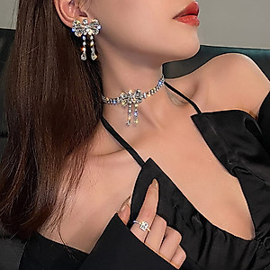 Jemant Bow Choker Necklace For Women Silver Cute Dainty Aesthetic Bling Tennis Cubic Zirconia Chunky Bowknot Pendant Necklace Chain Adjustable Jewelry For Bride Bridal (Choker)