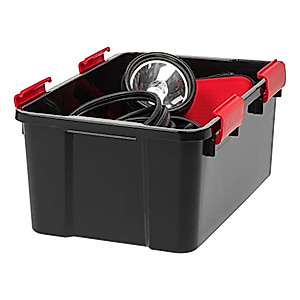 IRIS USA 19 Quart WEATHERPRO Plastic Storage Box with Durable Lid and Seal and Secure Latching Buckles, Weathertight, Black with Red Buckles, 6 Pack