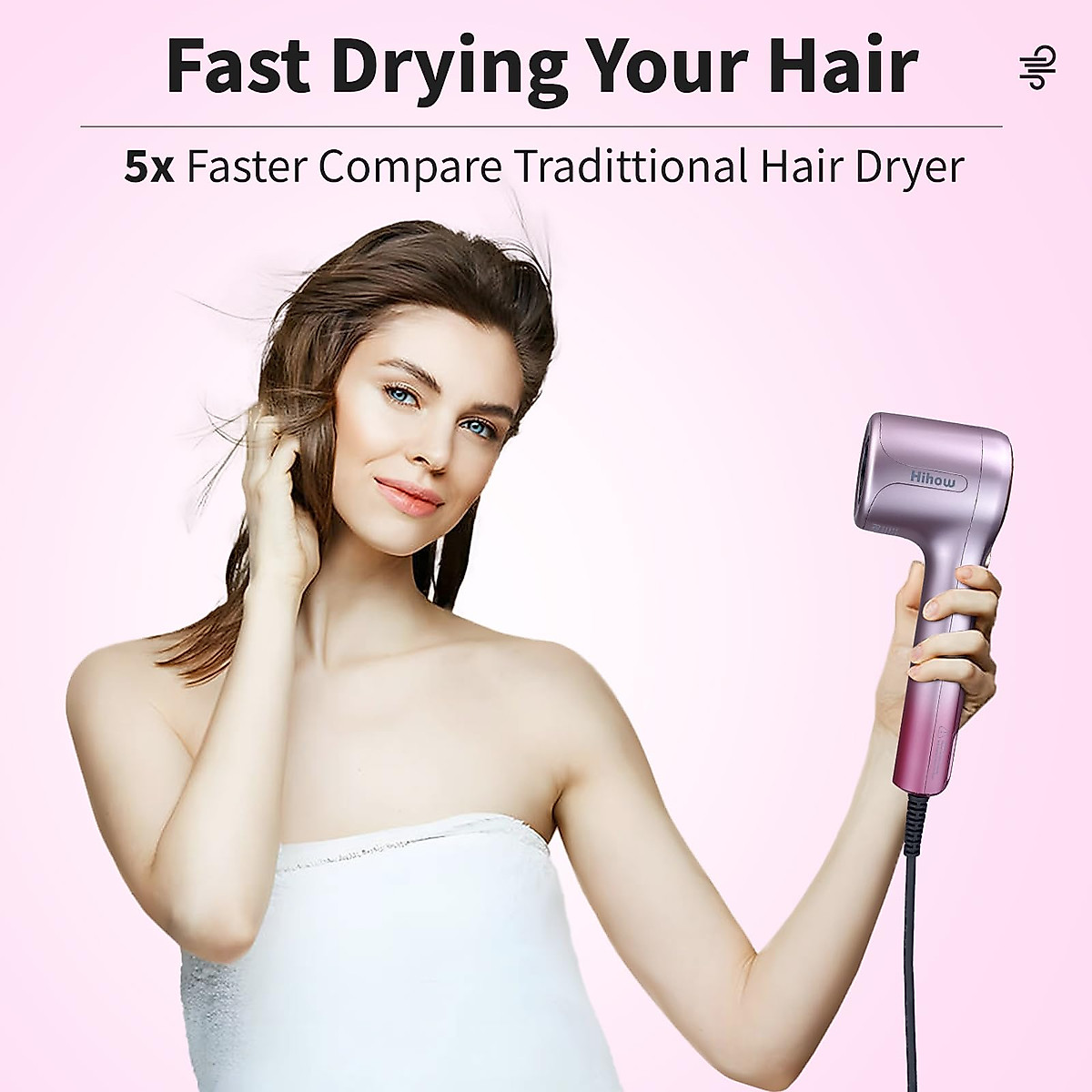 Hihow Ionic Hair Dryer with Diffuser for Curly Hair, 1500W Professional Negative Ions Blow Dryer with Concentrator, 110,000RPM Brushless Motor Hairdryer for Fast Drying as Salon Light and Quiet