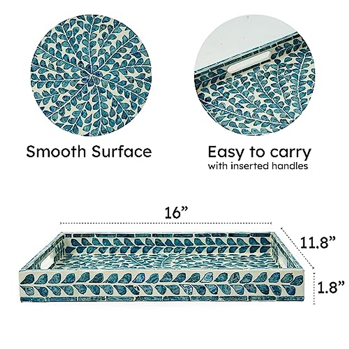 CLAYNIX Serving Tray 15.7" X11.8", Lacquer Mother of Pearl Inlay Mosaic Tray, Rectangle Wooden Marble Tray with Handles Trays for Tea, Breakfast in Bed, Table (Blue)