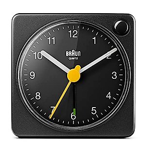 Braun Classic Travel Analogue Clock with Snooze and Light, Compact Size, Quiet Quartz Movement, Crescendo Beep Alarm in Black, Model BC02XB, One