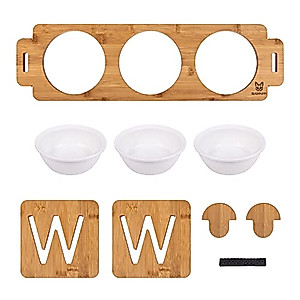HATELI Elevated Adjustable Raised Dog Cat Ceramic Bowls, Small Dog 15° Tilted Raised Food Feeding Dishes, Solid Bamboo Water Stand Feeder Set for Cats and Puppy(3 Bowl)