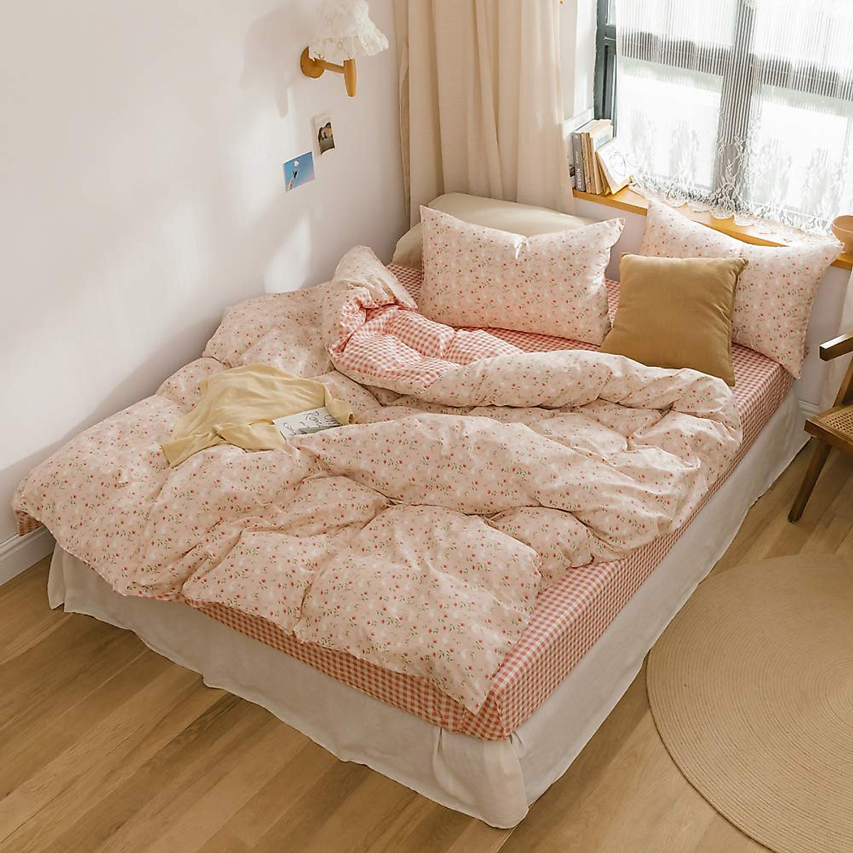 BlueBlue Rabbit Duvet Cover Set Queen 100% Cotton Bedding for Kids Boys Girls Teens Cartoon Bunny Red Flower Garden on Pink 1 Reversible Check Comforter Cover Full 2 Pillowcases