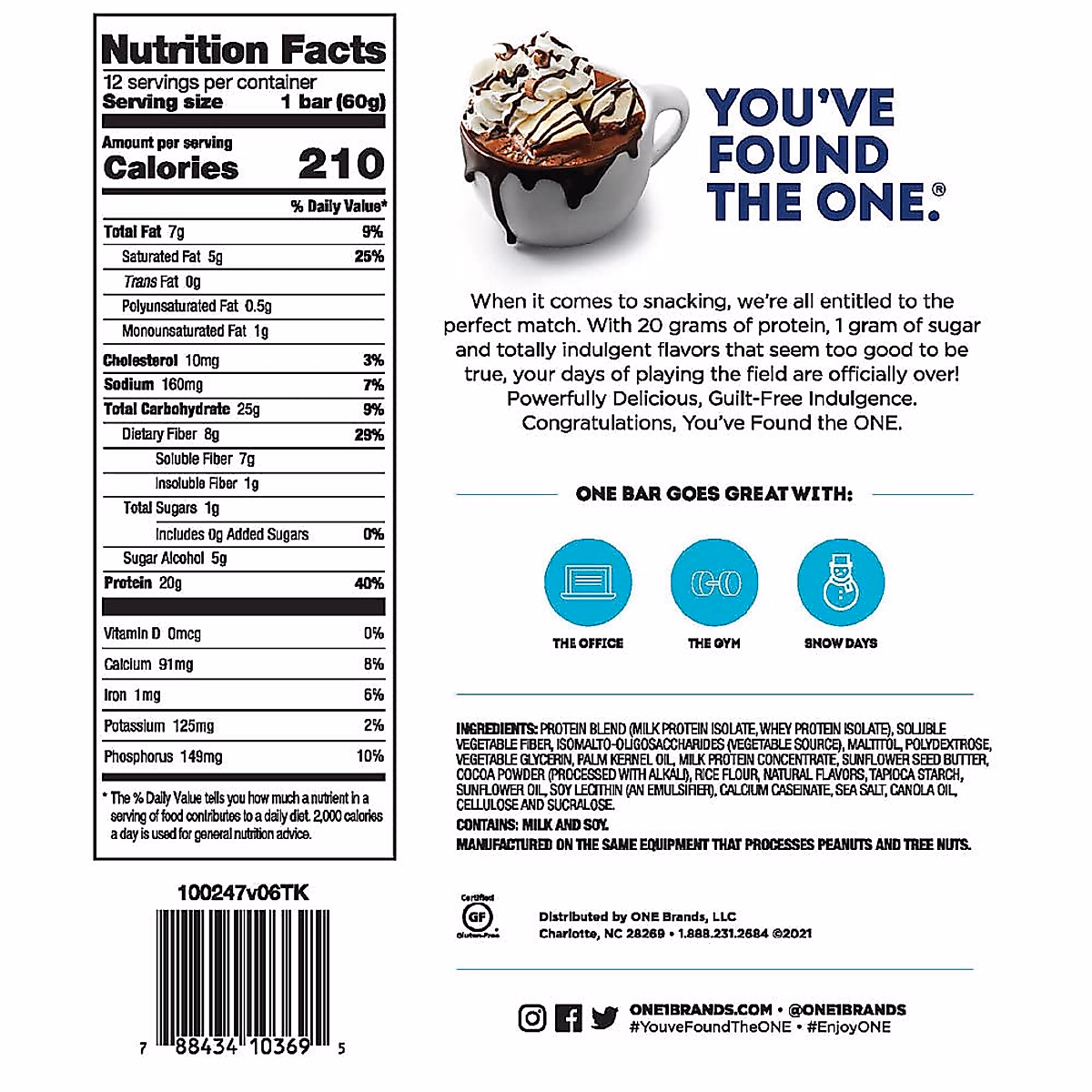 ONE Protein Bars, Marshmallow Hot Cocoa, Gluten Free Protein Bars with 20g Protein and only 1g Sugar, Guilt-Free Snacking for High Protein Diets, 2.12 oz (12 Count)