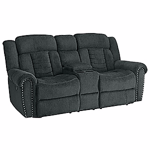Homelegance Nutmeg Upholstered Double Reclining Loveseat with Console, Charcoal Gray
