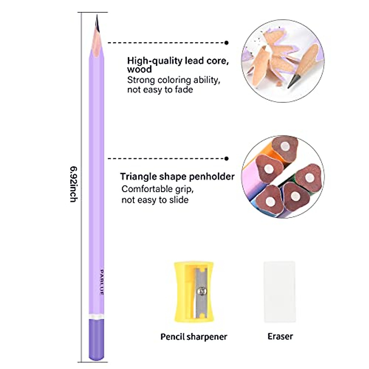 PABLUE HB Graphite Pencils, Triangular Concave Grip Pencils, Fat, Thick, Strong, with Eraser, Sharpener, Suitable for School, Student, Art, Beginner,Drawing,Sketching,Shading(Purple,Pack of 12)