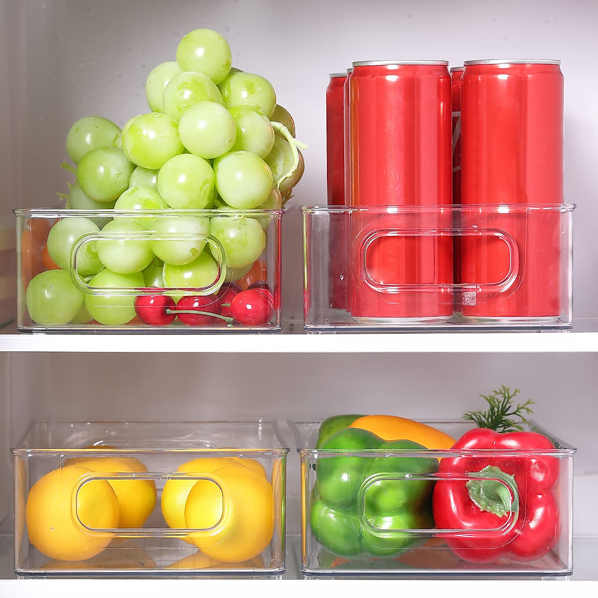 Moretoes 6 Pack Plastic Kitchen Pantry Cabinet, Clear Organizing Bins with Handles, Stackable Clear Storage Bins for Fruit, Yogurt, Shelf, Drawer- Food Safe,10 Inch Long