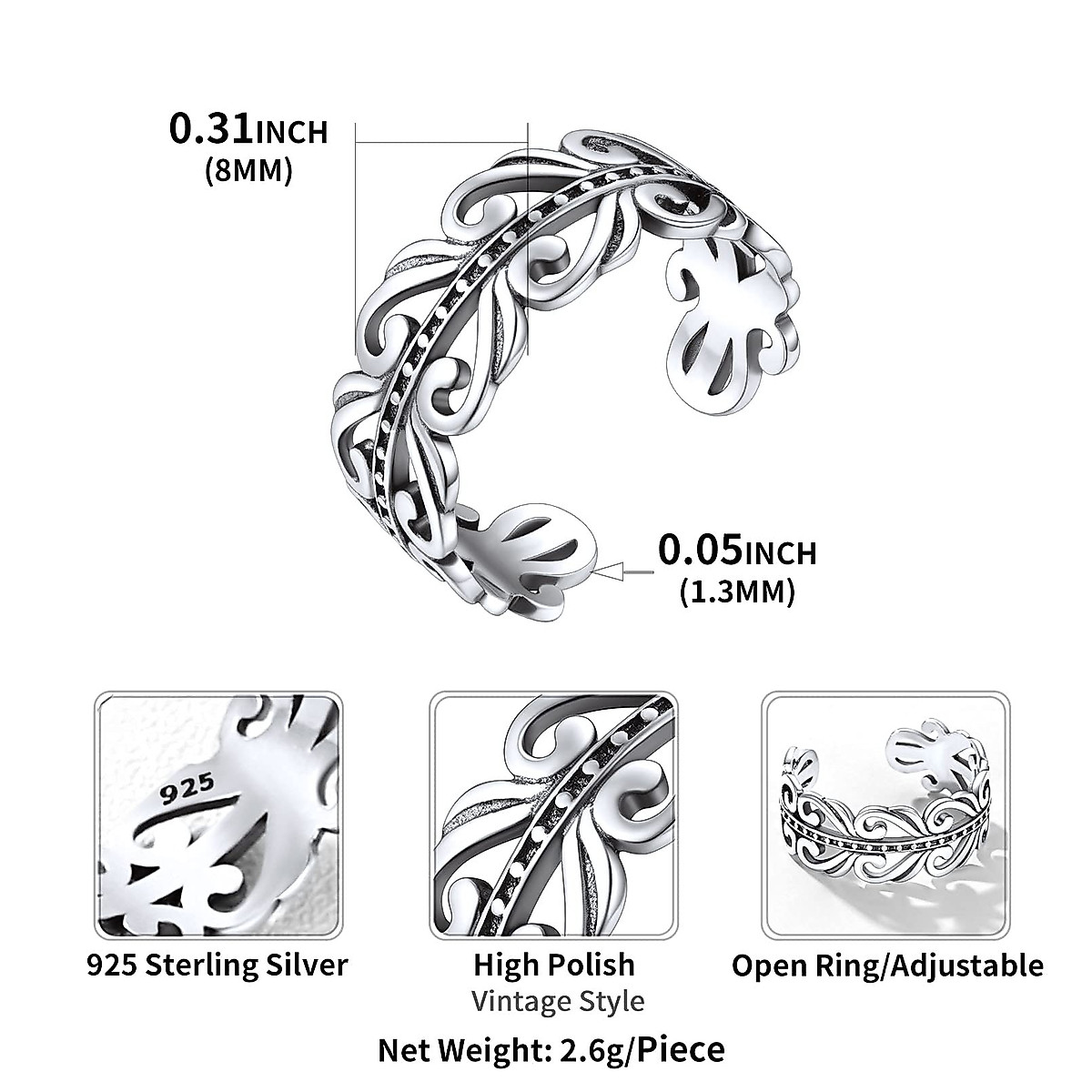 ChicSilver 925 Sterling Silver Ring 8mm Irish Celtic Knot Ring Eternity Wedding Band for Women Adjustable