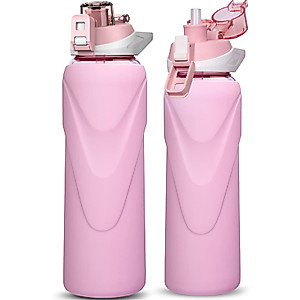 DEARRAY 32 oz Sports Glass Water Bottle with Straw & Silicone Sleeve Reusable BPA-free Borosilicate Glass Drinking Bottle with Flip Top Lid & Handle Wide Mouth (Pastel Pink)