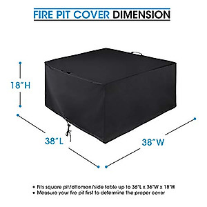Unicook Square Fire Pit Cover 38 Inch, Heavy Duty Waterproof Fire Table Cover, Outdoor Firepit Cover with Drawstring and Handles, Fade Resistant Material, All Weather Protection, Black